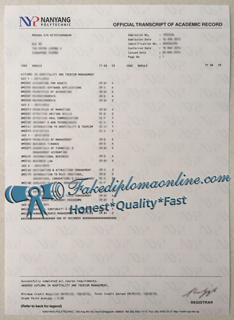 Fake Nanyang Polytechnic transcript, buy NYP degree in Singapore