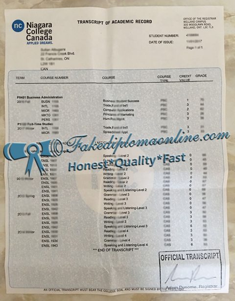 Copy the Niagara College official transcript in Canada