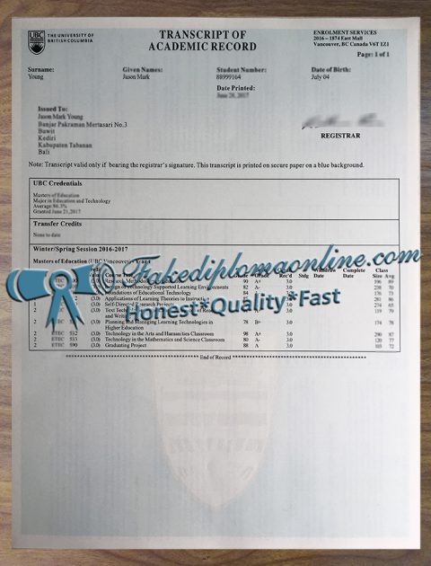 Who can copy University of British Columbia academic transcript online