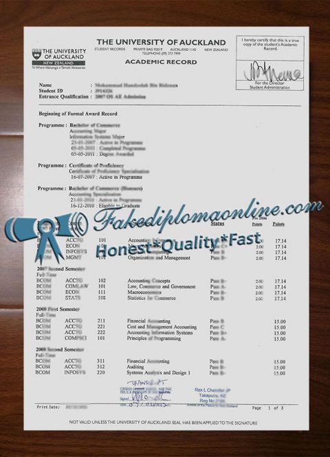 Copy University of Auckland academic transcript, buy New Zealand degree